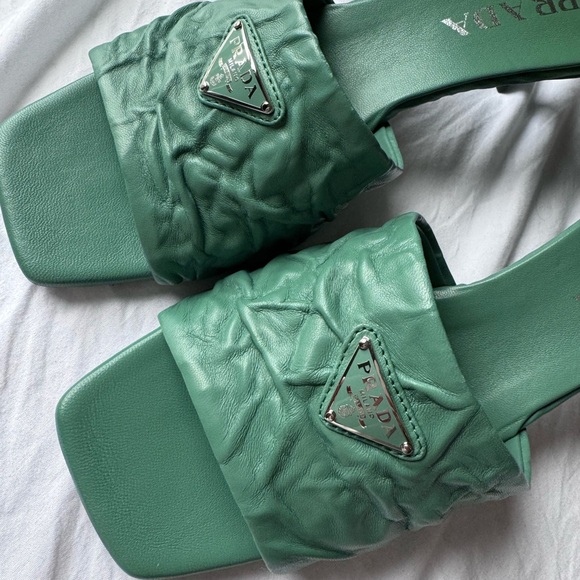 Prada | Shoes | Green Prada Heeled Slide Sandals With Wet Look | Poshmark